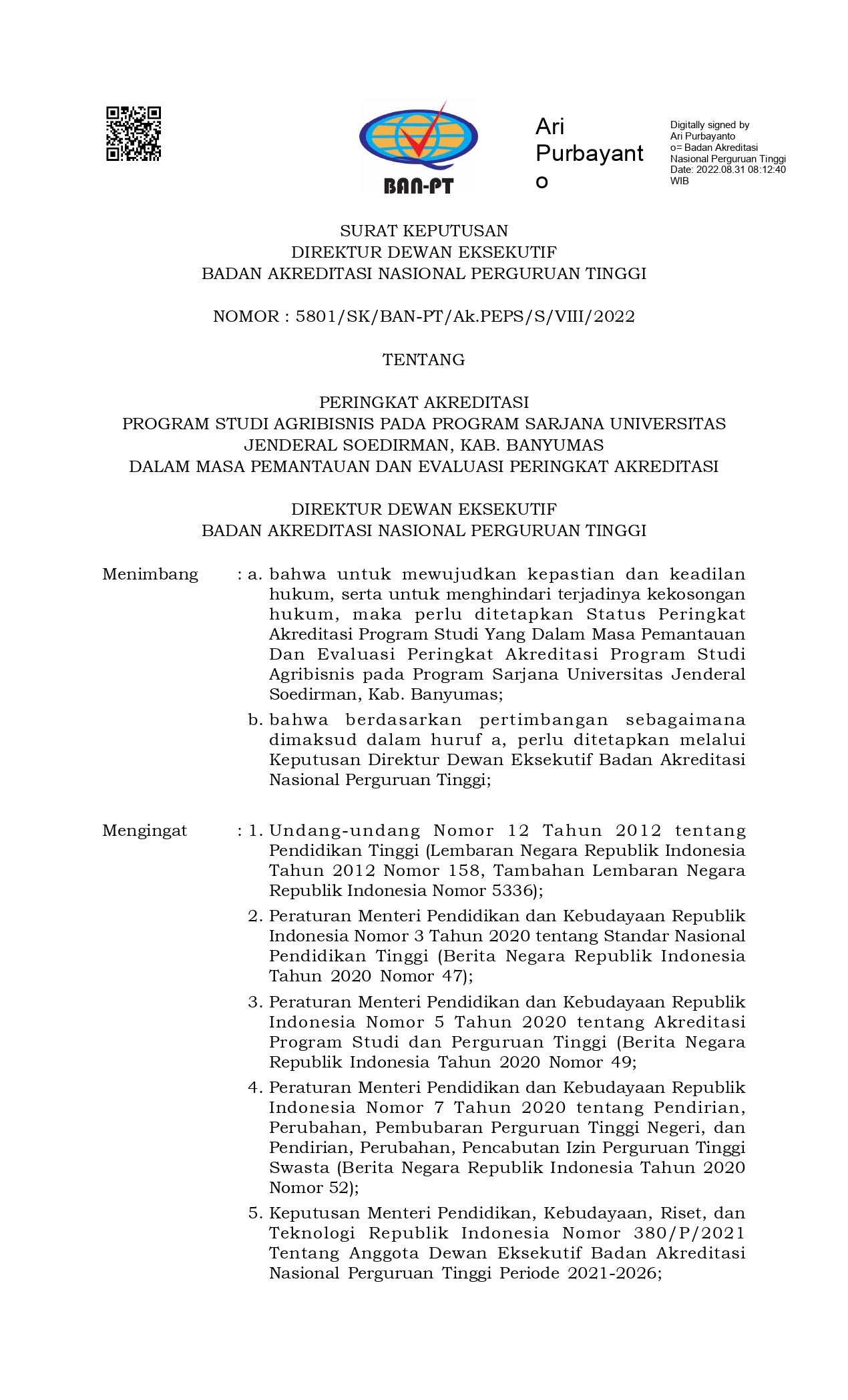 Akreditasi S1 Agribisnis – Sosial Ekonomi Pertanian